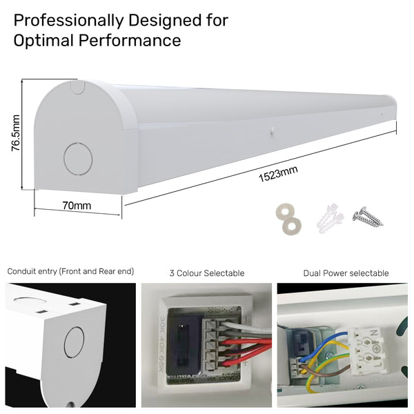 5FT LED Batten Light, 30W/60W - 3600/7200 Lumens, IP20, Adjustable 3 C ...