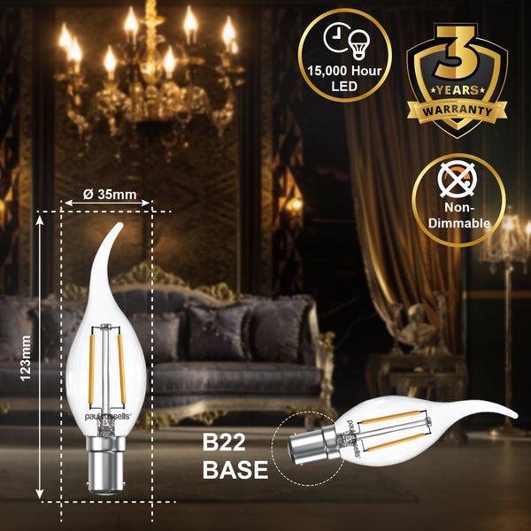 LED Filament Bent Tip Candle 2.5W=25W Warm White 2700K SBC B15 Small B ...