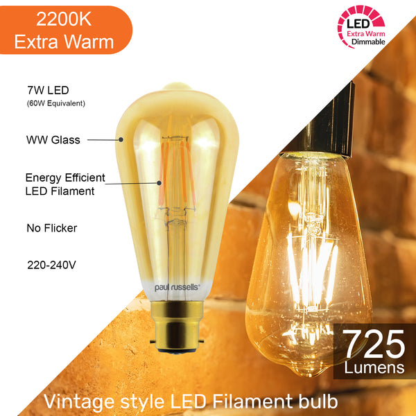 LED Dimmable Filament ST64 7W (60w), BC/B22, 725 Lumens, Extra Warm Wh ...