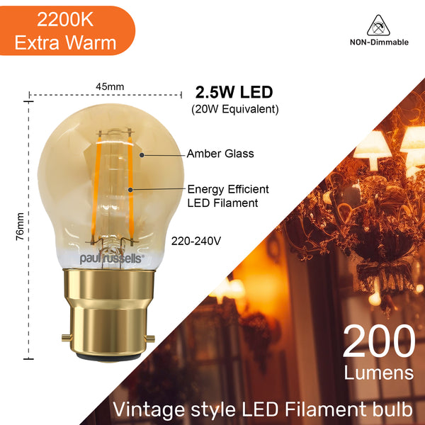 LED Filament Golf Ball 2.5W=20W Extra Warm White Amber 2200K BC B22 Ba ...